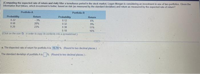 Solved (Computing the expected rate of retum and risk) Atter | Chegg.com