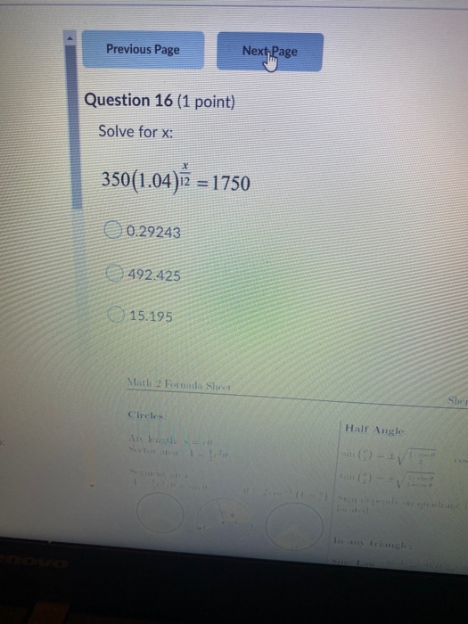 Solved Previous Page Next Page Question 16 (1 point) Solve | Chegg.com