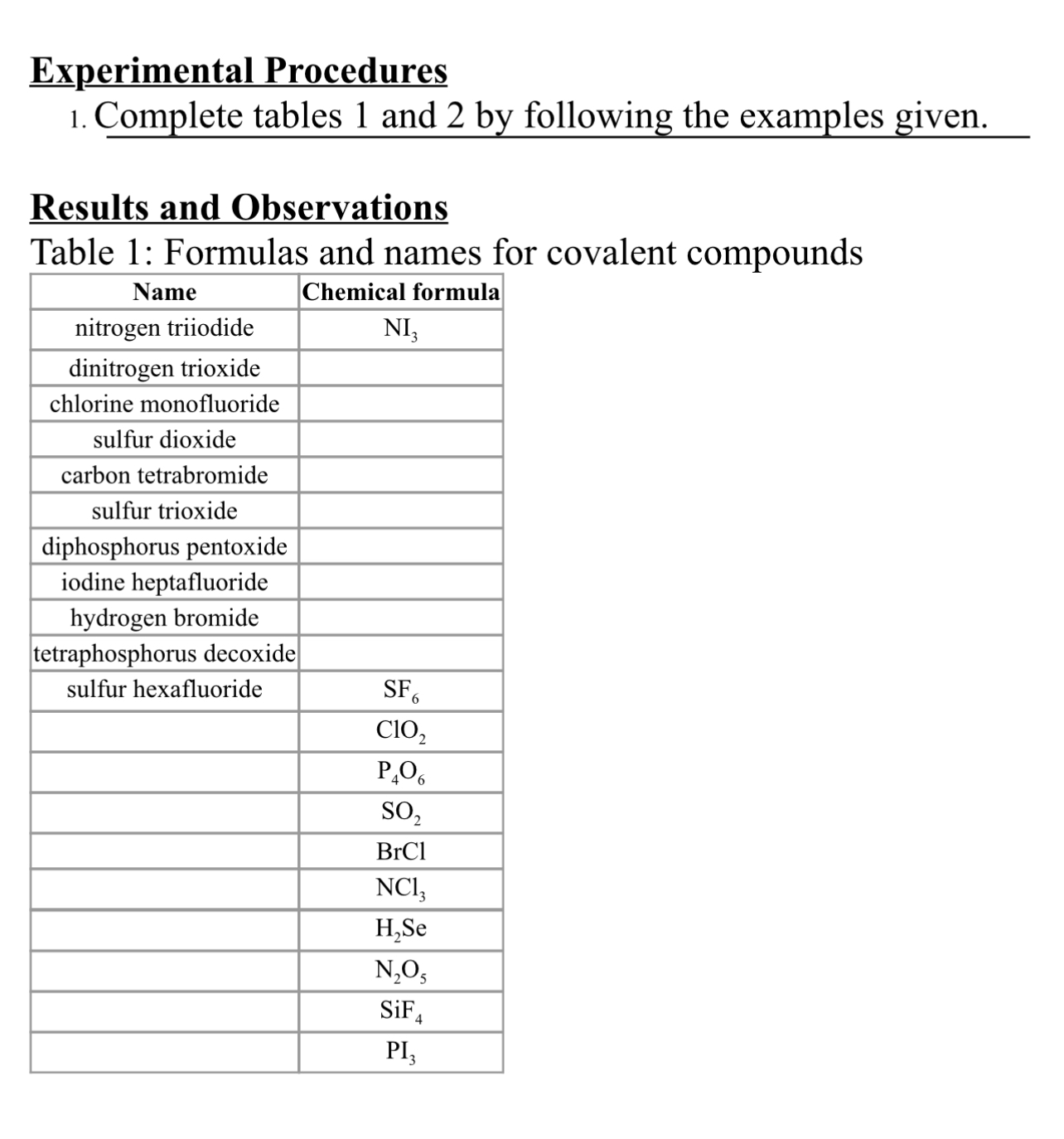 Solved Experimental ProceduresComplete tables 1 ﻿and 2 ﻿by | Chegg.com