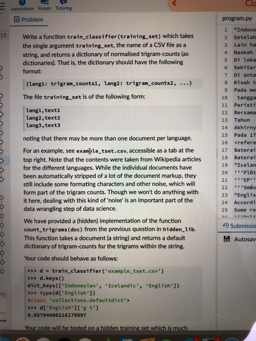 Solved Problem W18 Write a function train_classifier | Chegg.com