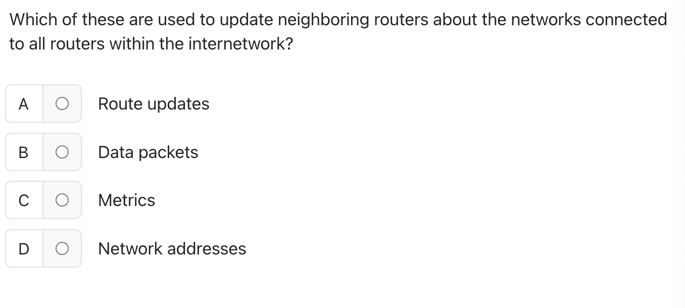 Solved Which of these are used to update neighboring routers | Chegg.com