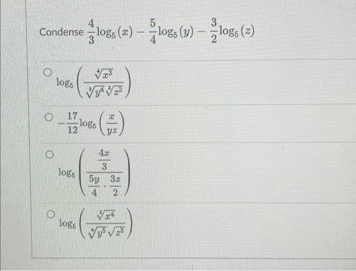 Solved 5 3 Condense - log; (c) log, (2) logs (3) - logs (2) | Chegg.com