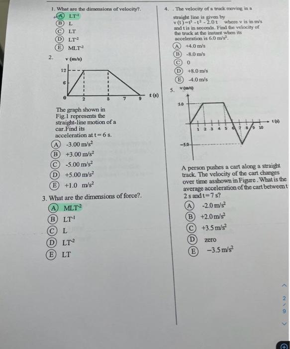 Solved 1. What are the dimensions of velocity? 4. The | Chegg.com