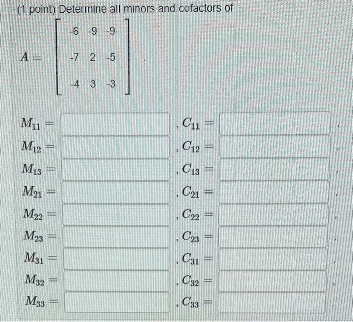 Solved ( 1 point) Determine all minors and cofactors of | Chegg.com