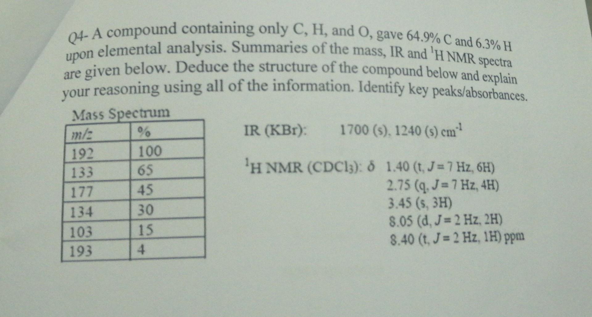 Solved Q4- A compound containing only C,H, and O, gave | Chegg.com
