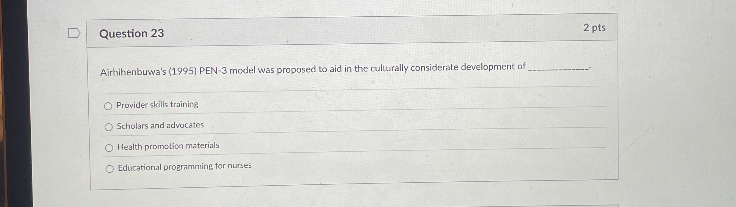 High Quality SOLUTION Question 232 ﻿ptsAirhihenbuwa's (1995) ﻿PEN-3 ...