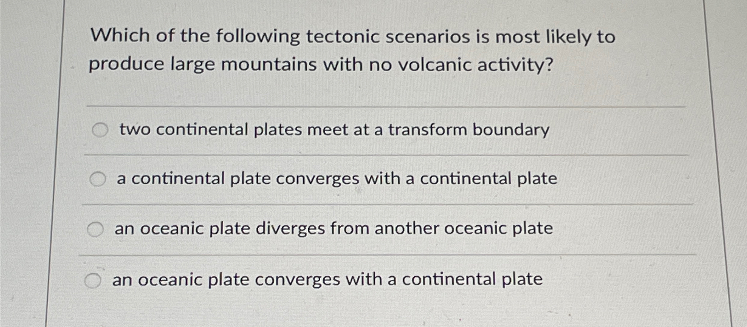 Solved Which of the following tectonic scenarios is most | Chegg.com