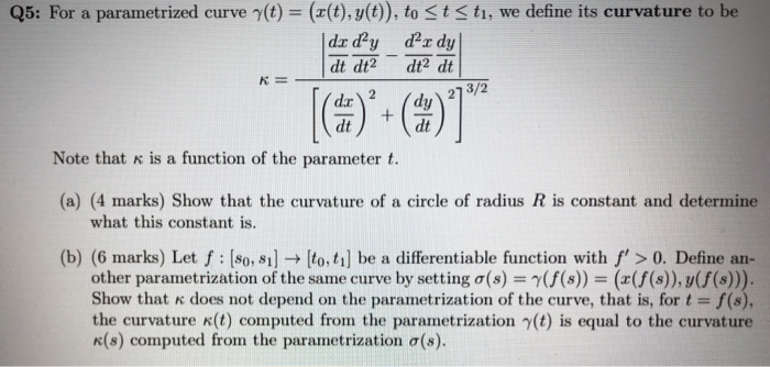 Solved Q5: For a parametrized curve y(t) = (z(t), y(t)), to | Chegg.com