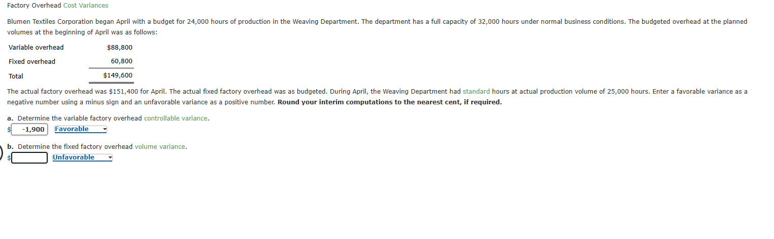 Solved Factory Overhead Cost Variancesvolumes at ﻿the | Chegg.com