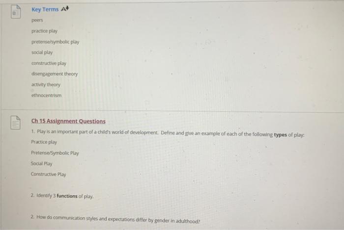Solved Key Terms A peers practice play pretense/symbolic | Chegg.com