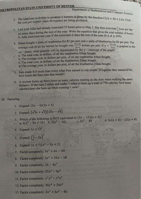 Solved I have to take a placement test for college algebra | Chegg.com