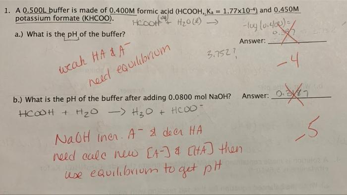 Solved -104 (0.40) 1. A 0.500L buffer is made of 0.400M | Chegg.com