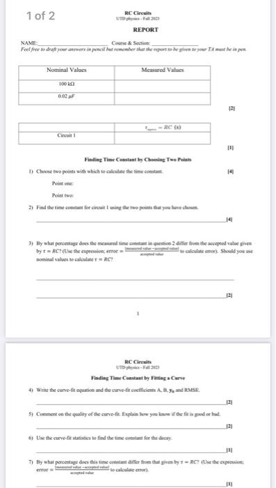 Solved NAME Coure 8 Soction: [1] Finding Time Censtant In | Chegg.com