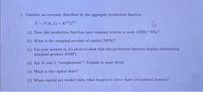 Solved 1. Consider an economy described by the aggregate | Chegg.com