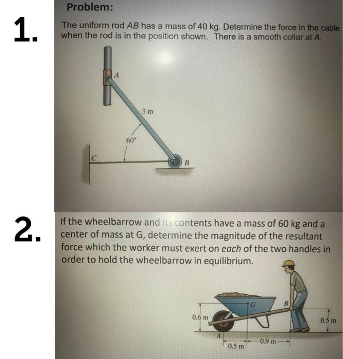 Solved Problem: The uniform rod AB has a mass of 40 kg. | Chegg.com