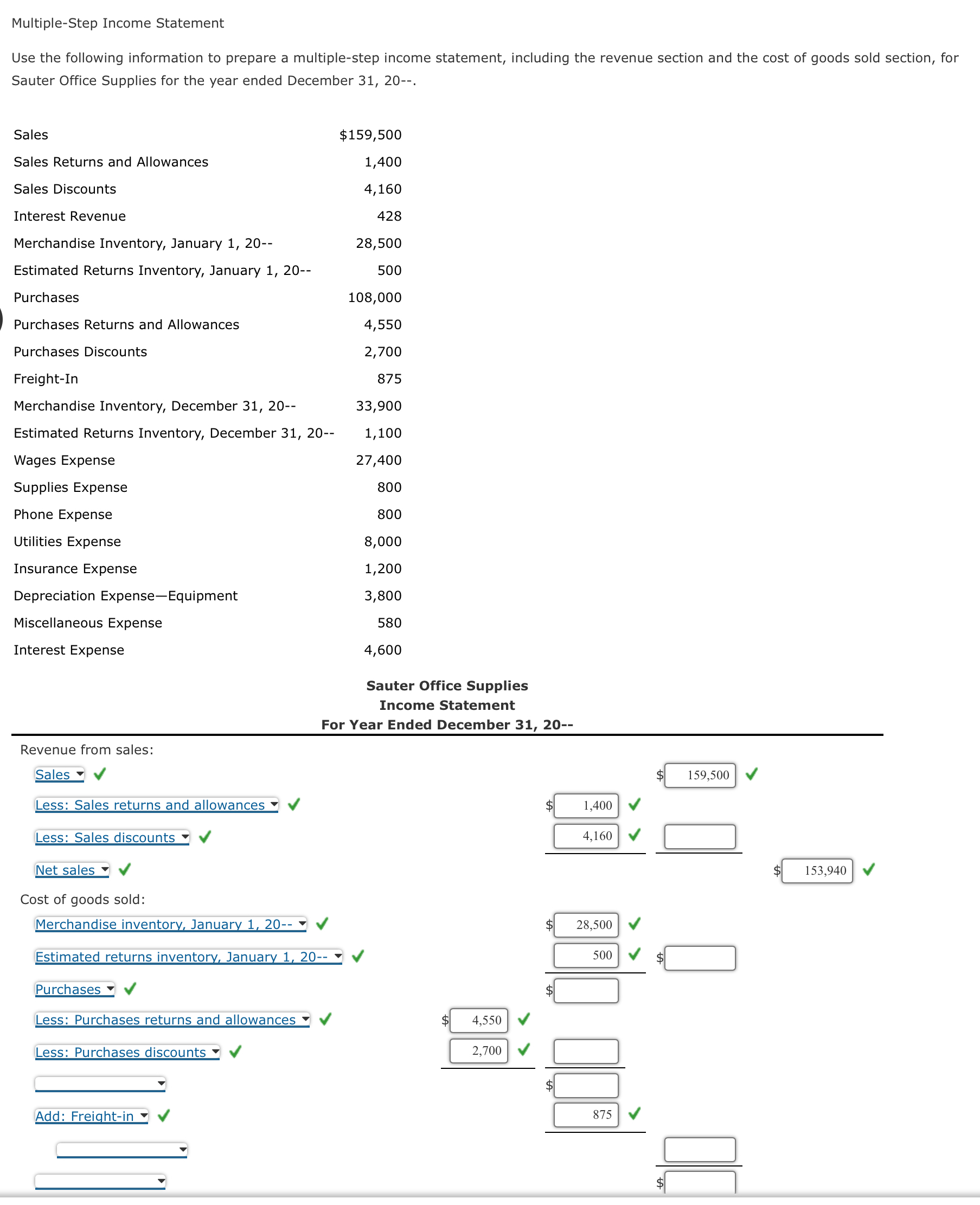 Solved Multiple-Step Income StatementUse the following | Chegg.com