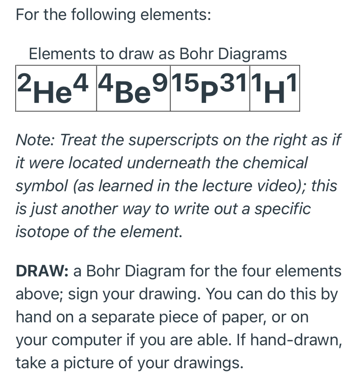 For the following elements:Elements to draw as Bohr | Chegg.com
