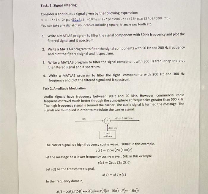Solved Task. 1: Signal Filtering Consider a continuous | Chegg.com