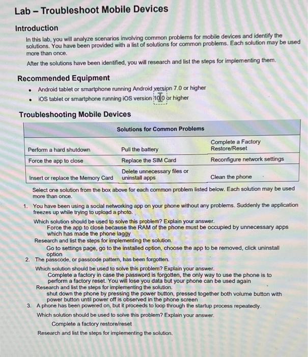 Lab - Troubleshoot Mobile Devices Introduction In | Chegg.com