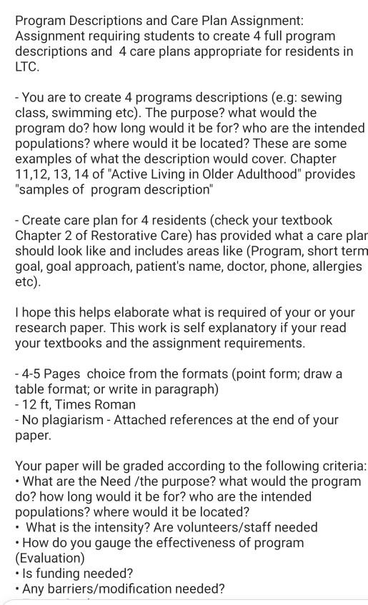 Program Descriptions and Care Plan Assignment: | Chegg.com