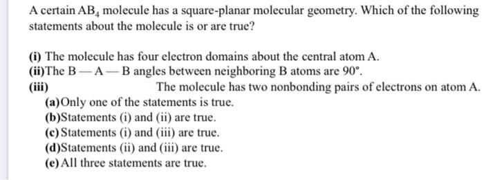 Solved A certain AB, molecule has a square-planar molecular | Chegg.com