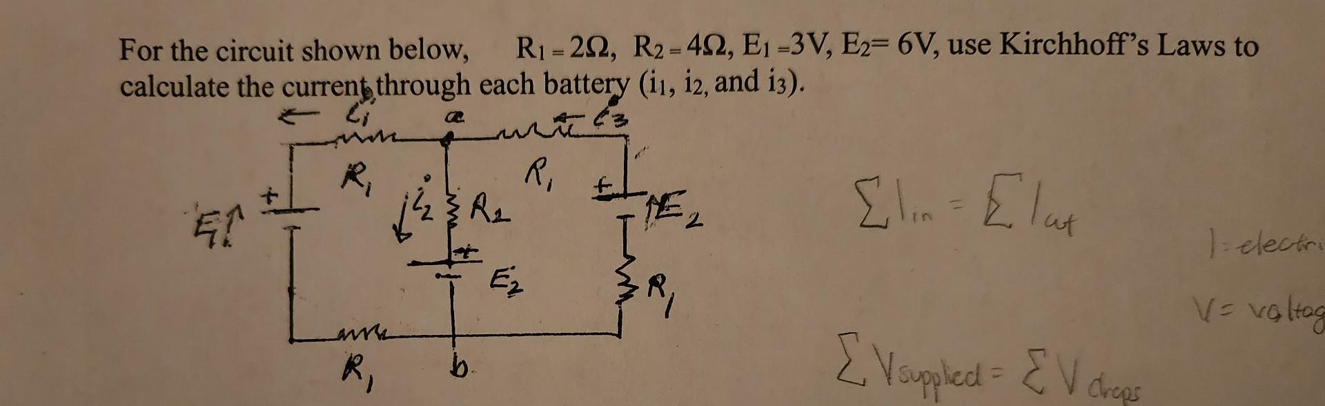 Solved For the circuit shown below, R1=2Ω,R2=4Ω,E1=3V,E2=6V, | Chegg.com