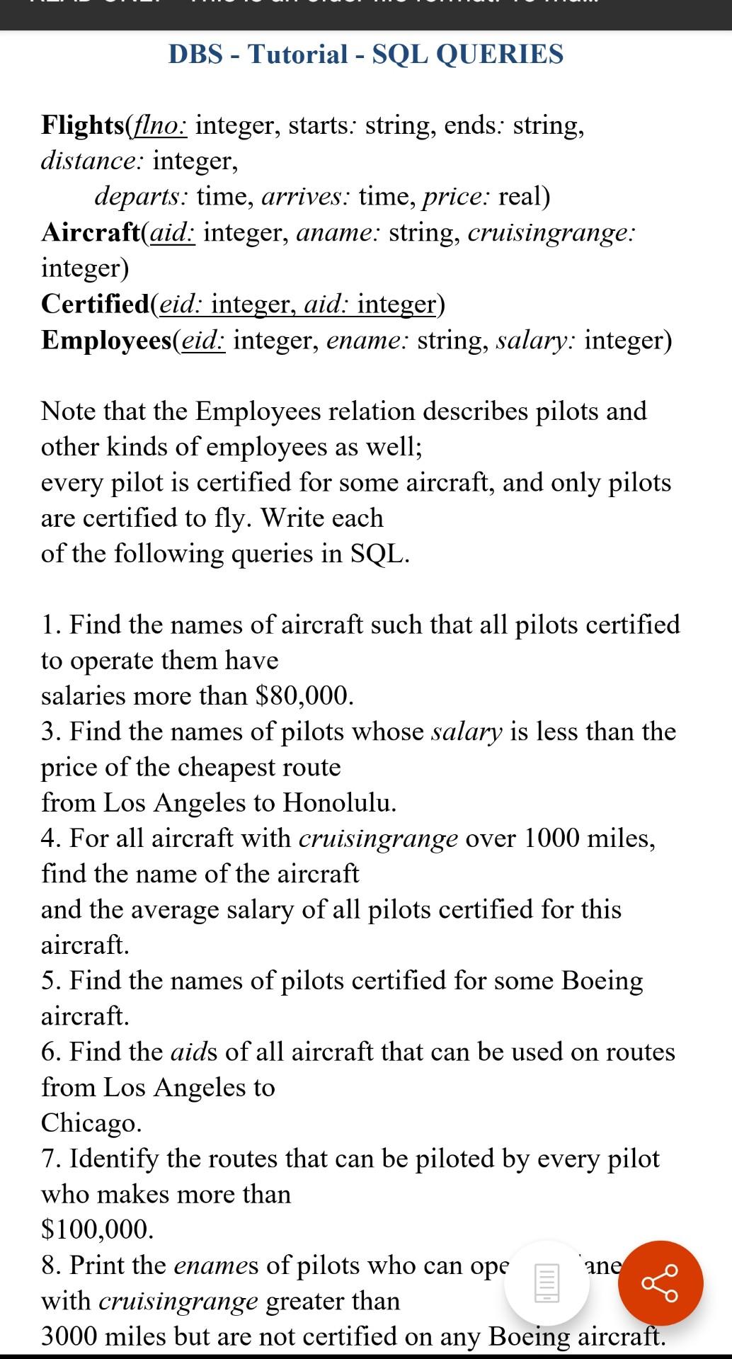 Solved DBS - Tutorial - SQL QUERIES Flights(flno: integer, | Chegg.com