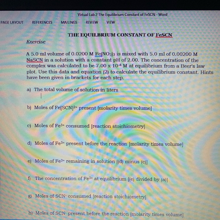 Virtual Lab 2 The Equilibrium Constant of FeSCN- Word | Chegg.com