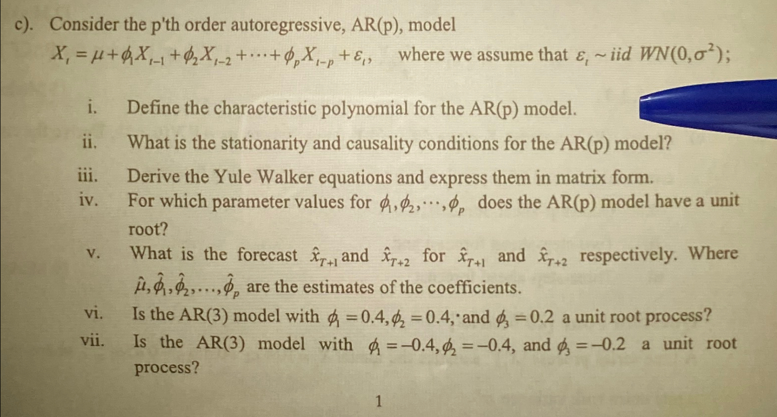 Solved c). ﻿Consider the p'th order autoregressive, AR(p), | Chegg.com