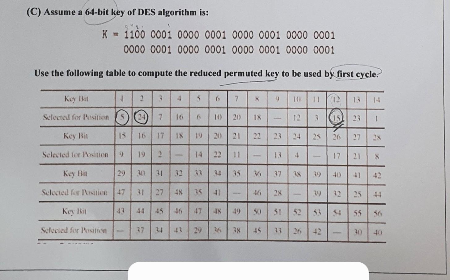 Solved (C) Assume a 64-bit key of DES algorithm is: Use the | Chegg.com