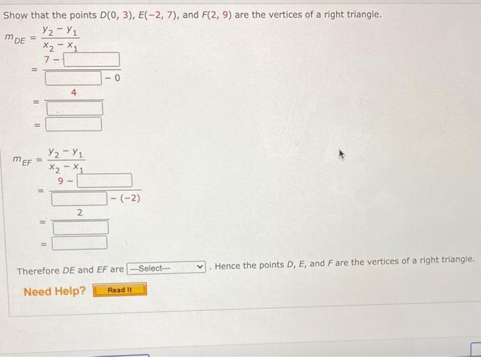 Solved Show that the points D(0, 3), E(-2, 7), and F(2, 9) | Chegg.com