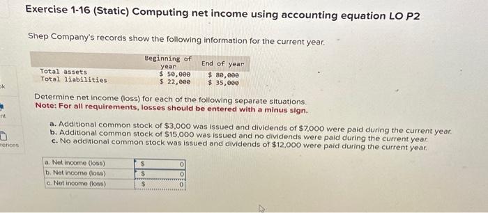 Exercise 1-16 (Static) Computing net income using | Chegg.com Exercise 1-16 (Static) Computing net income using | Chegg.com