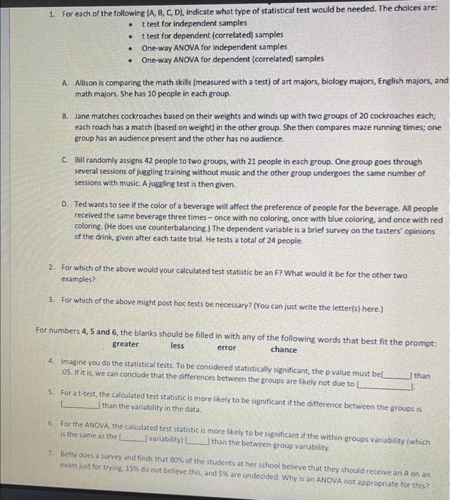 Solved 1. For each of the following (A,B,C,D), indicate what | Chegg.com