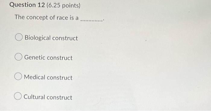 Question 12 (6.25 points) The concept of race is a | Chegg.com