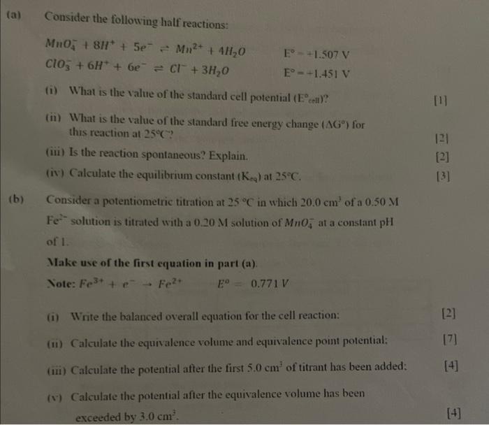 Solved Consider the following half reactions: | Chegg.com