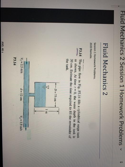 Solved Fluid Mechanics 2 Session 1 Homework Problems v Fluid | Chegg.com
