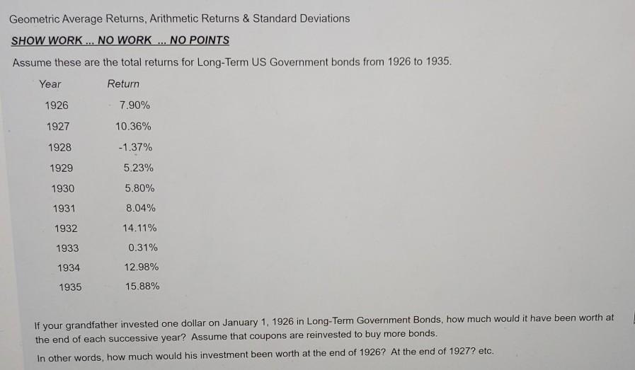 Solved Geometric Average Returns, Arithmetic Returns & | Chegg.com