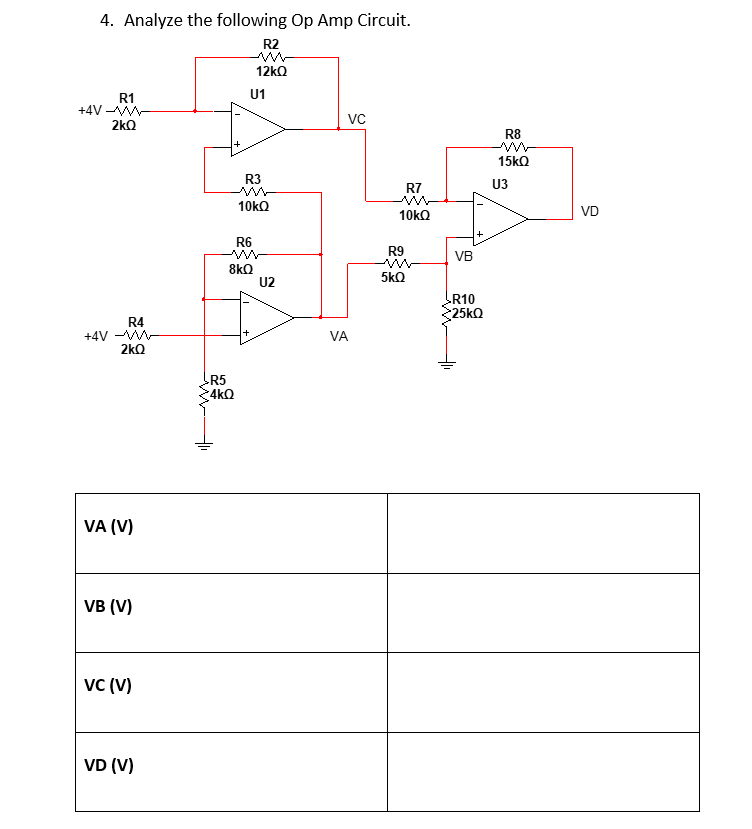 Solved 4. ﻿Analyze the following Op Amp Circuit. ﻿VA (V) ﻿VB | Chegg.com