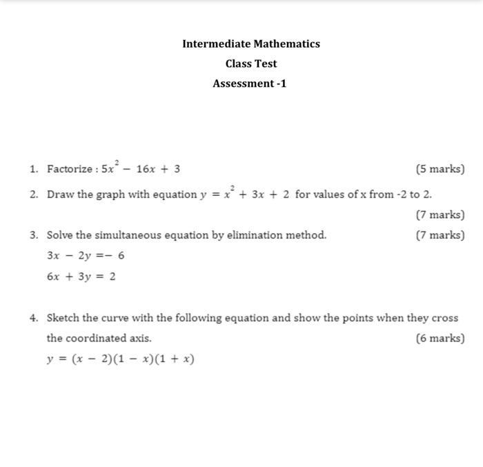 Solved Intermediate Mathematics Class Test Assessment - 1 1. | Chegg.com