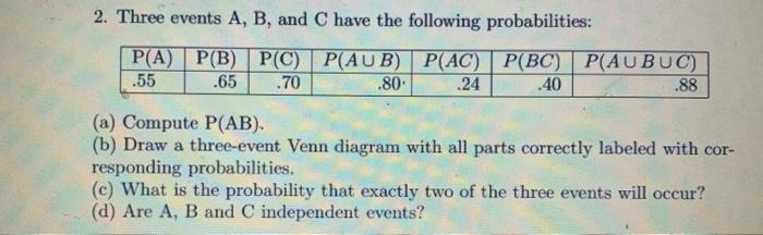 Solved 2. Three events A, B, and C have the following | Chegg.com