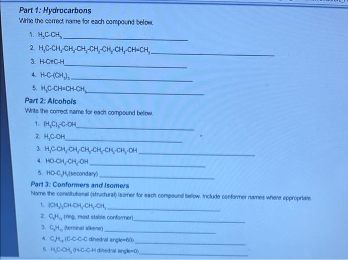 Solved Part 1: Hydrocarbons Write the correct name for each | Chegg.com