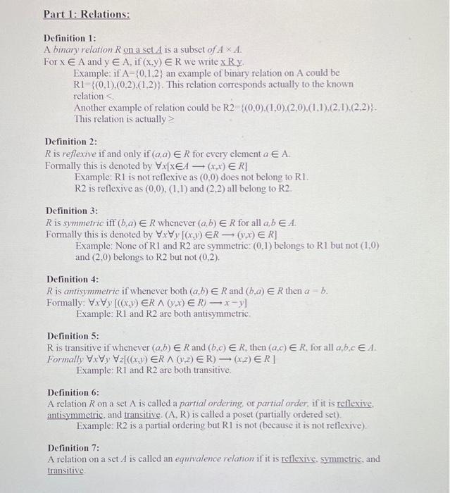 Solved Definition 1: A binary relation R on a set A is a | Chegg.com