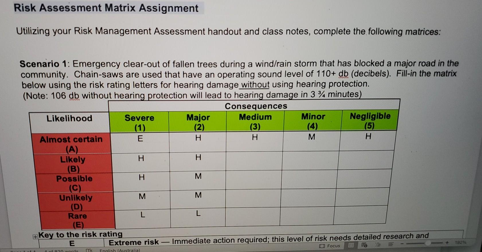 Solved Risk Assessment Matrix Assignment Utilizing your Risk | Chegg.com