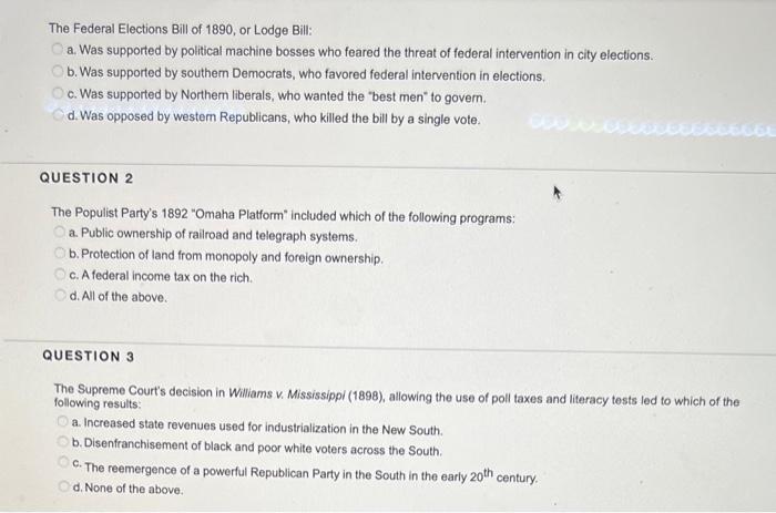 The Federal Elections Bill of 1890 , or Lodge Bill: | Chegg.com