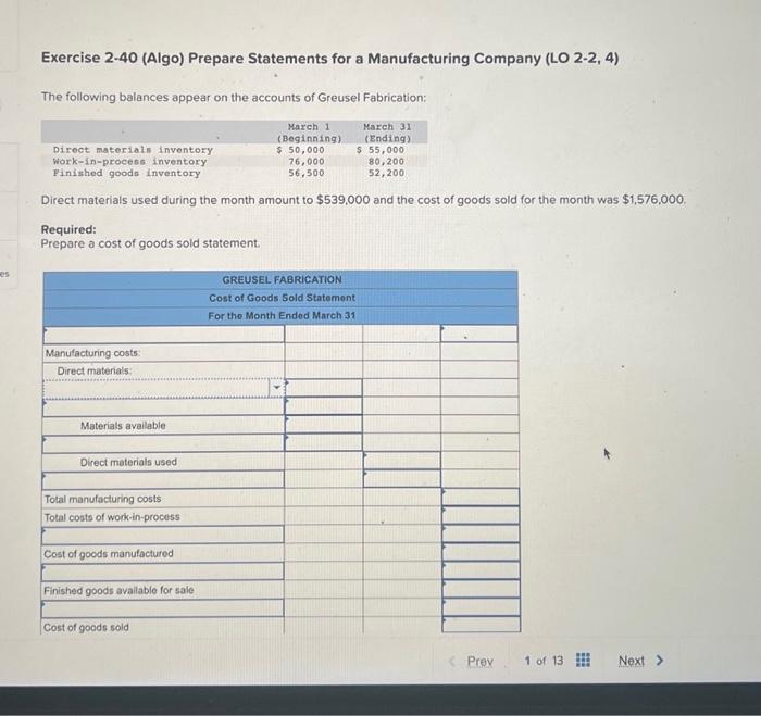 es Exercise 2-40 (Algo) Prepare Statements for a | Chegg.com