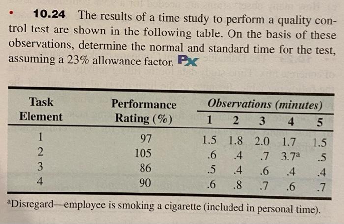 Solved . 10.24 The results of a time study to perform a | Chegg.com