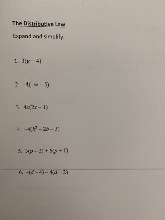 Solved The Distributive Law Expand and simplify. 1. 3(g+4) | Chegg.com