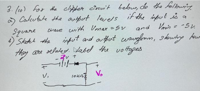 Solved and Vmin 3. (10) for the clipper circuit below, de | Chegg.com