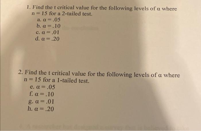 Solved 1. Find the t critical value for the following levels | Chegg.com