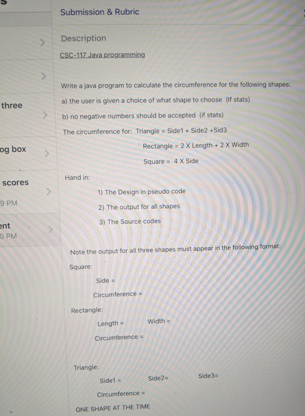 Solved Submission & Rubric Description > CSC-117 Java | Chegg.com